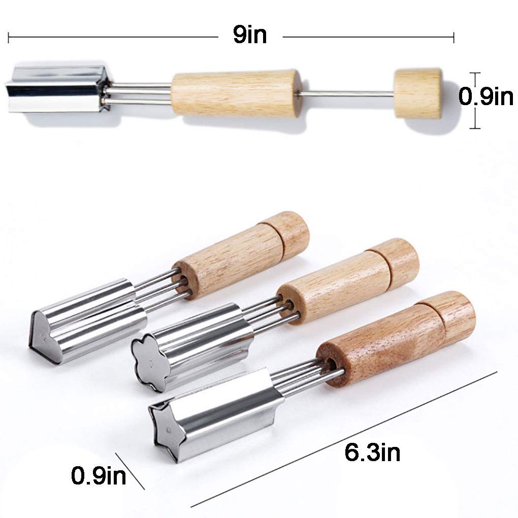 Goeielewe 3-Pack Vegetable and Fruit Cutter Shapes Set, Mini Pie, Stainless Steel Cookie Stamps Mold with Wood Handle, Cookie Cutter Decorative Food for Baking Crafts - Flower, Heart, Star