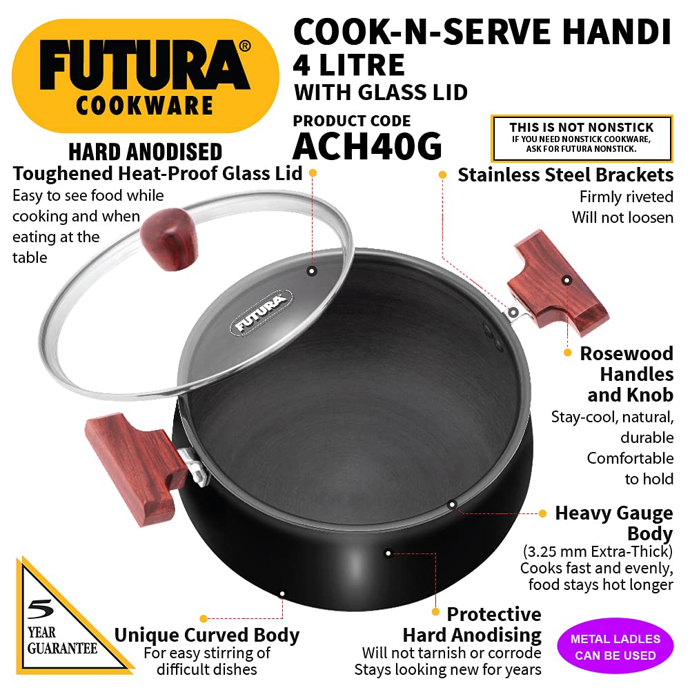 FUTURA Hawkins with 4 liters cook and serve handi glass lid, hard anodized biryani handi, pot, black (ACH40G)