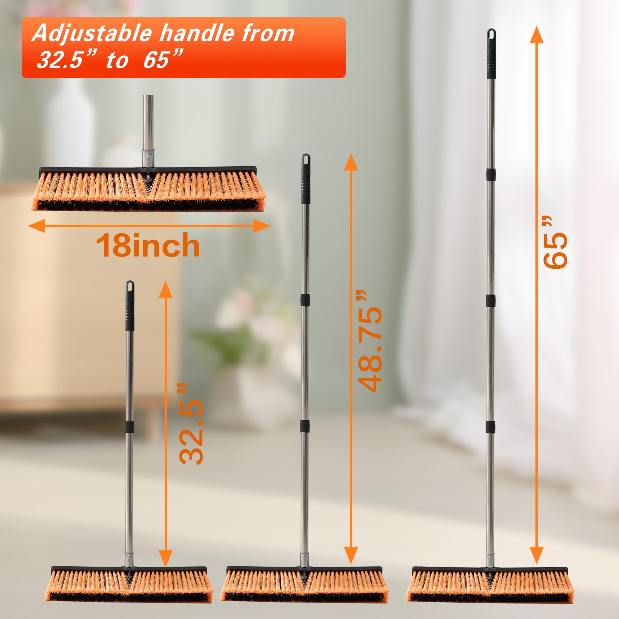 LUCHIA 18” Heavy Duty Push Broom with 65” Adjustable Stainless Steel Handle | Flagged Bristles for Indoor & Outdoor Broom for Floor Cleaning with Brooms, Gloves & Cloth | Orange