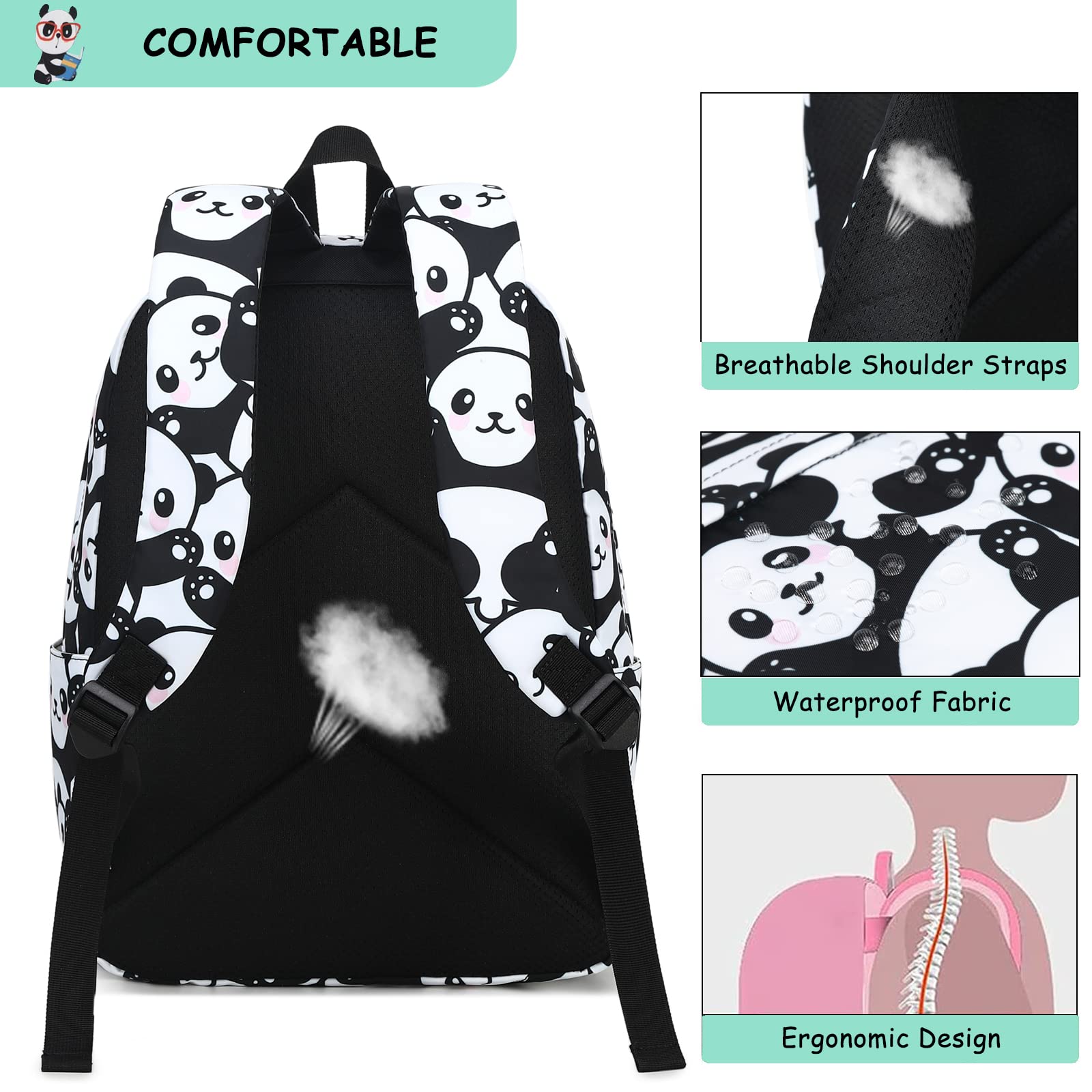 Fuyicat Panda School Backpack Set for Girls, 3-in-1 Kids Teens Elementary Middle School Bags Bookbag with Lunch Bag Pencil Case