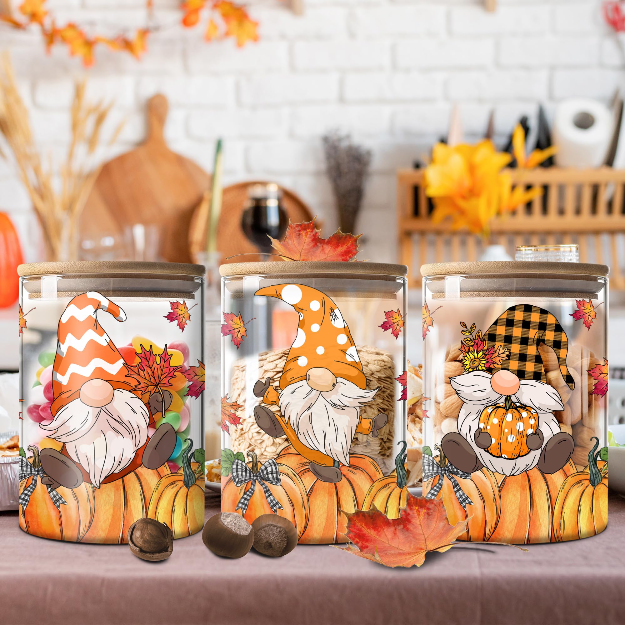 Fall Decor 3 Pack Glass Storage Jars with Airtight Bamboo Lid-Fall Pumpkin Gnomes Canisters Sets for Kitchen Countertop Autumn-Clear Fall Glass Storage Jars for Coffee Bean, Cookie, Candy, Tea, Flour