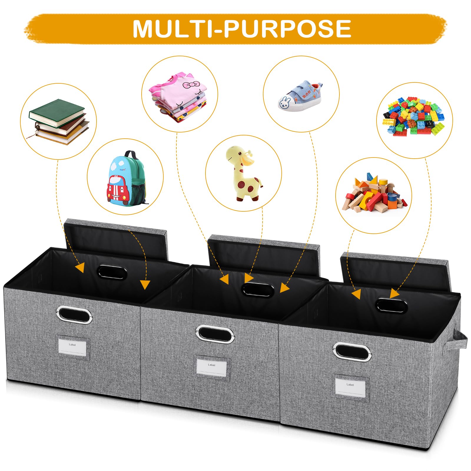 Lukeline Large Toy Box, Stackable Toy Storage Organizer, Collapsible Toy Box Chest with Lid for Nursery, Playroom, Closet, Set of 3