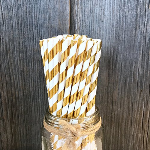 Gold Foil Paper Straws - Striped - Valentine - Wedding Party Supply - 7.75 Inches - 100 Pack - Outside the Box Papers Brand