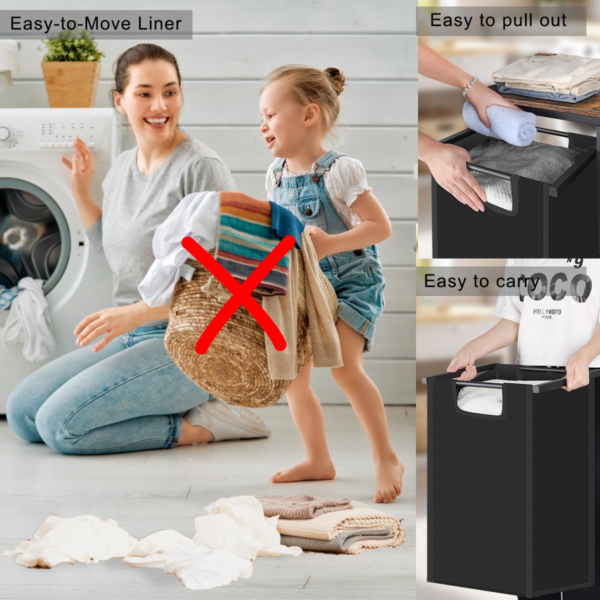 melos Laundry Hamper, Laundry Sorter with Three Shelf, Pull-Out Laundry Basket with Shelf, Laundry Basket Organizer Section with Removable Laundry Bags for Clothes, for Laundry Room,Gray