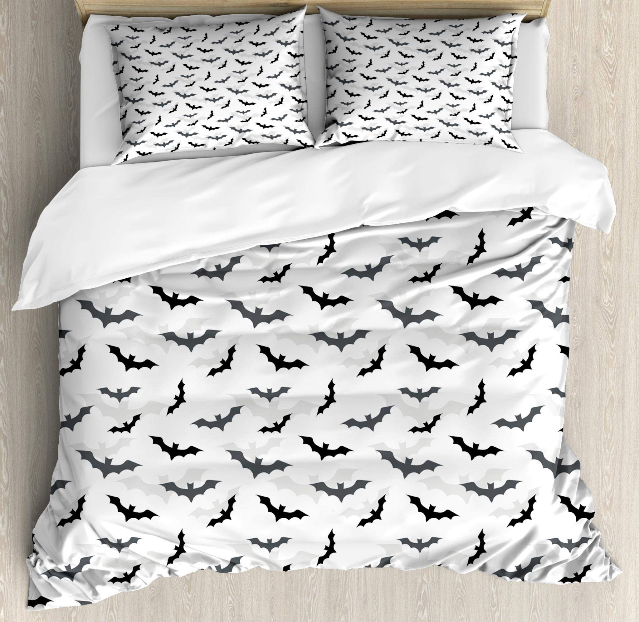 Lunarable Goth Duvet Cover Set, Halloween Concept Silhouette of Flying Bats and Shadows Pattern, Decorative 3 Piece Bedding Set with 2 Pillow Shams, King Size, White Grey