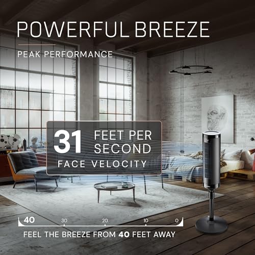 Lasko Elevation 42”-54” Adjustable Height Pedestal Tower Fans for Home, 31 ft/s Airflow, Quiet 28 dB on Low, 90° Oscillation, 12 Hour Timer, Remote Control, Black, EST100