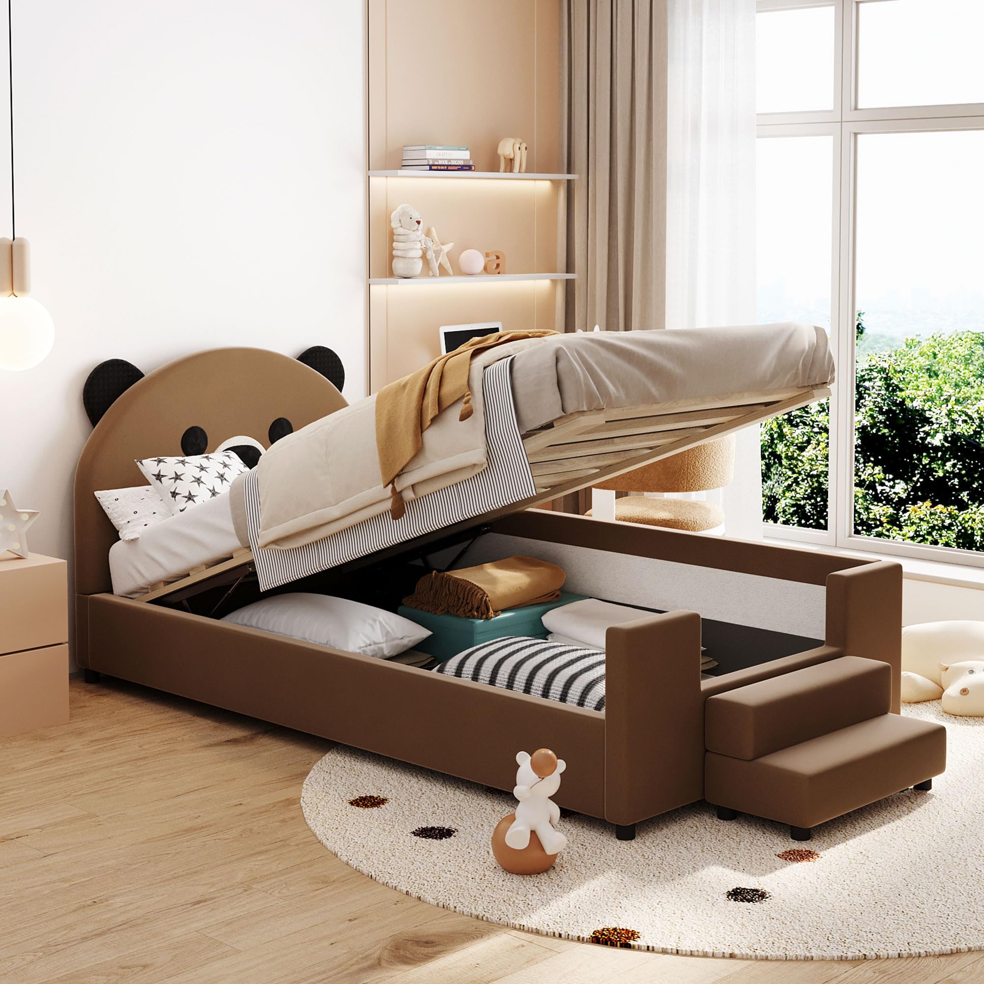 Luxo Abode Twin Size Upholstered with Bear Shaped Headboard, Velvet Daybed w/Hydraulic System and Breathable Mesh Fence, Easy Assembly and No Spring Need, for Kids Teens Bedroom, Brown