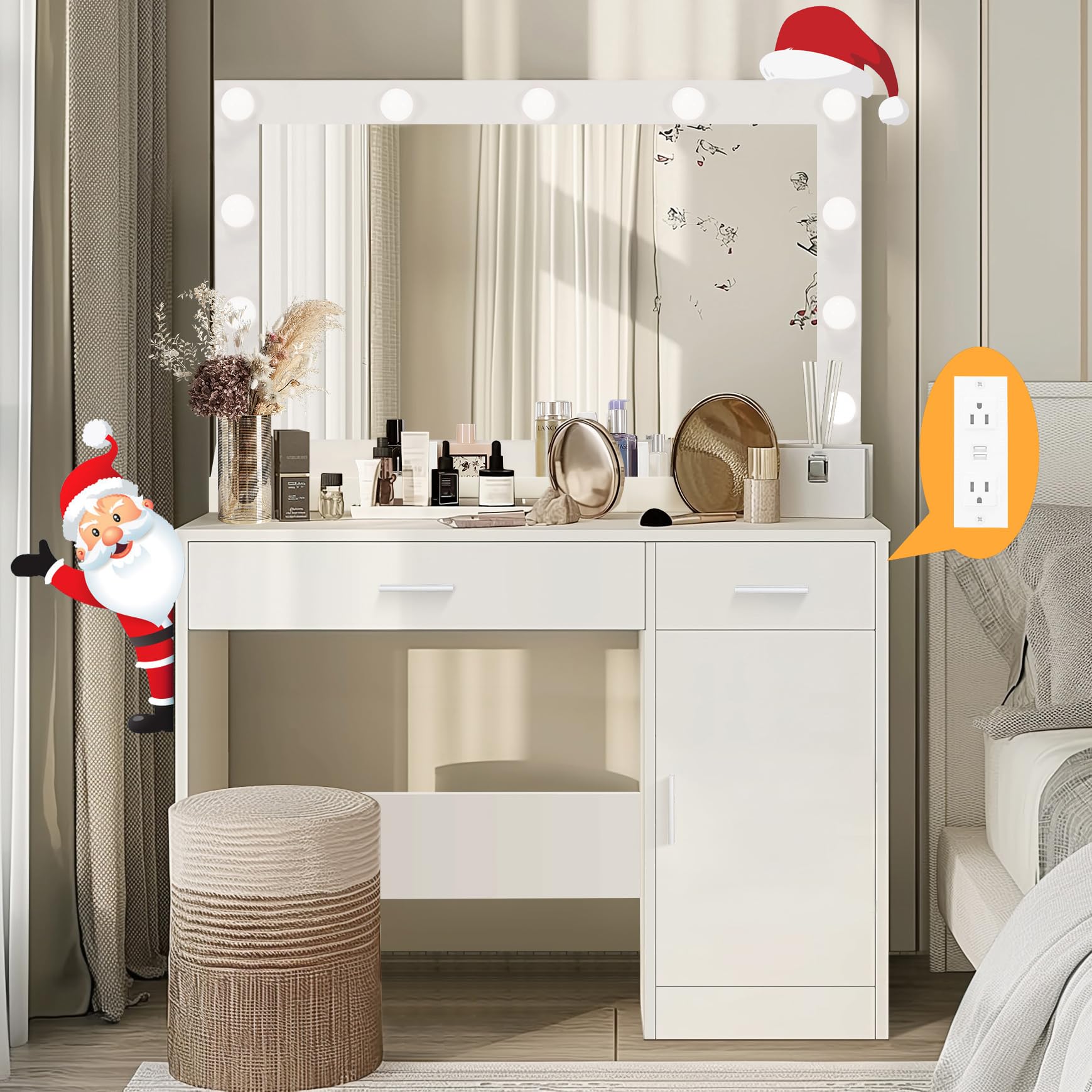 Likein Vanity Desk with Mirror and Lights, Makeup Vanity Desk with Lights, Modern Dressing Table with Charging Station 2 Drawers & Cabinet for Girls Women