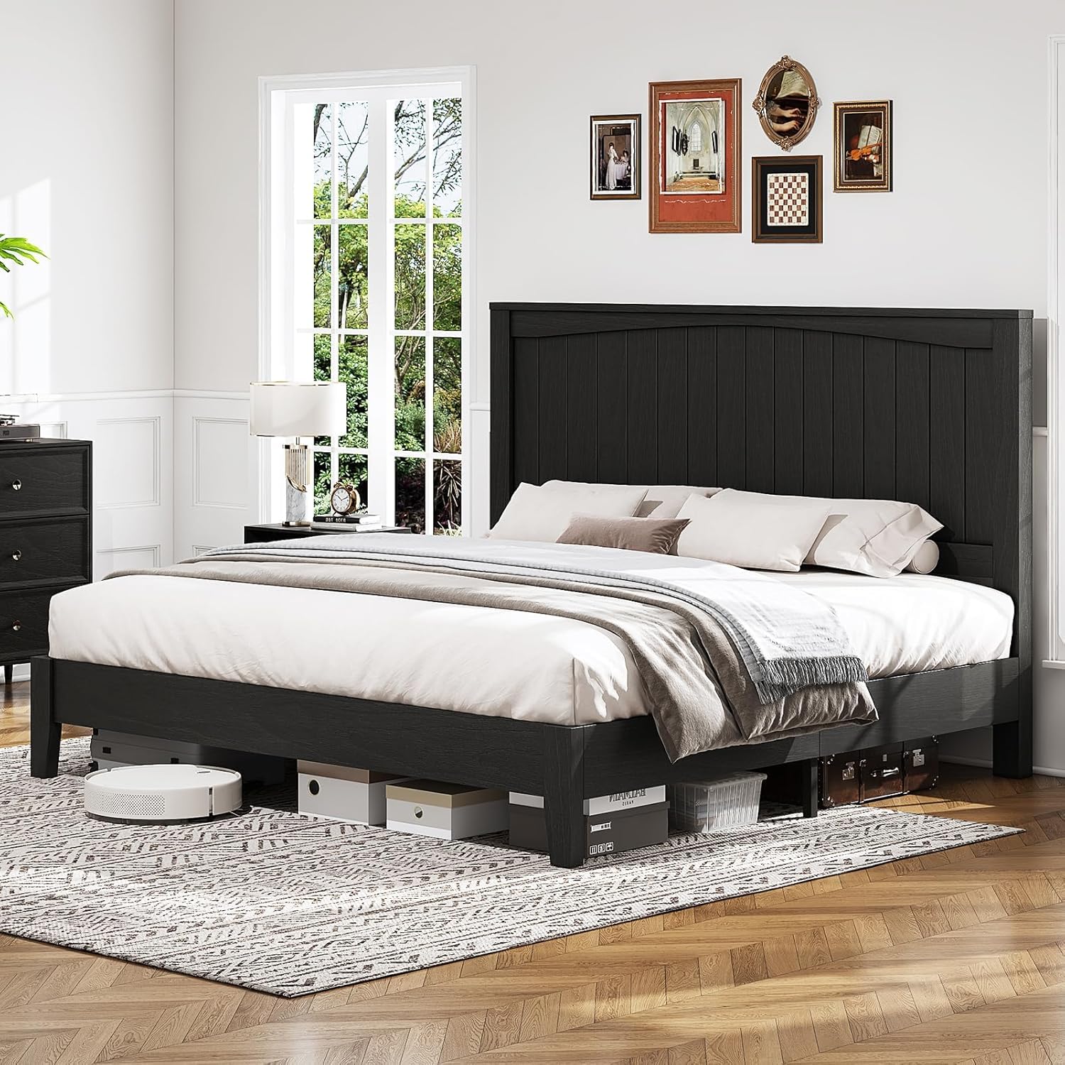 LUXOAK Queen Size Solid Wood Bed Frame with 48.4 inch Tall Headboard, Mid-Century Modern Platform Bed with Wooden Slats and Metal Frame. No Box Spring Needed, Easy Assembly, White