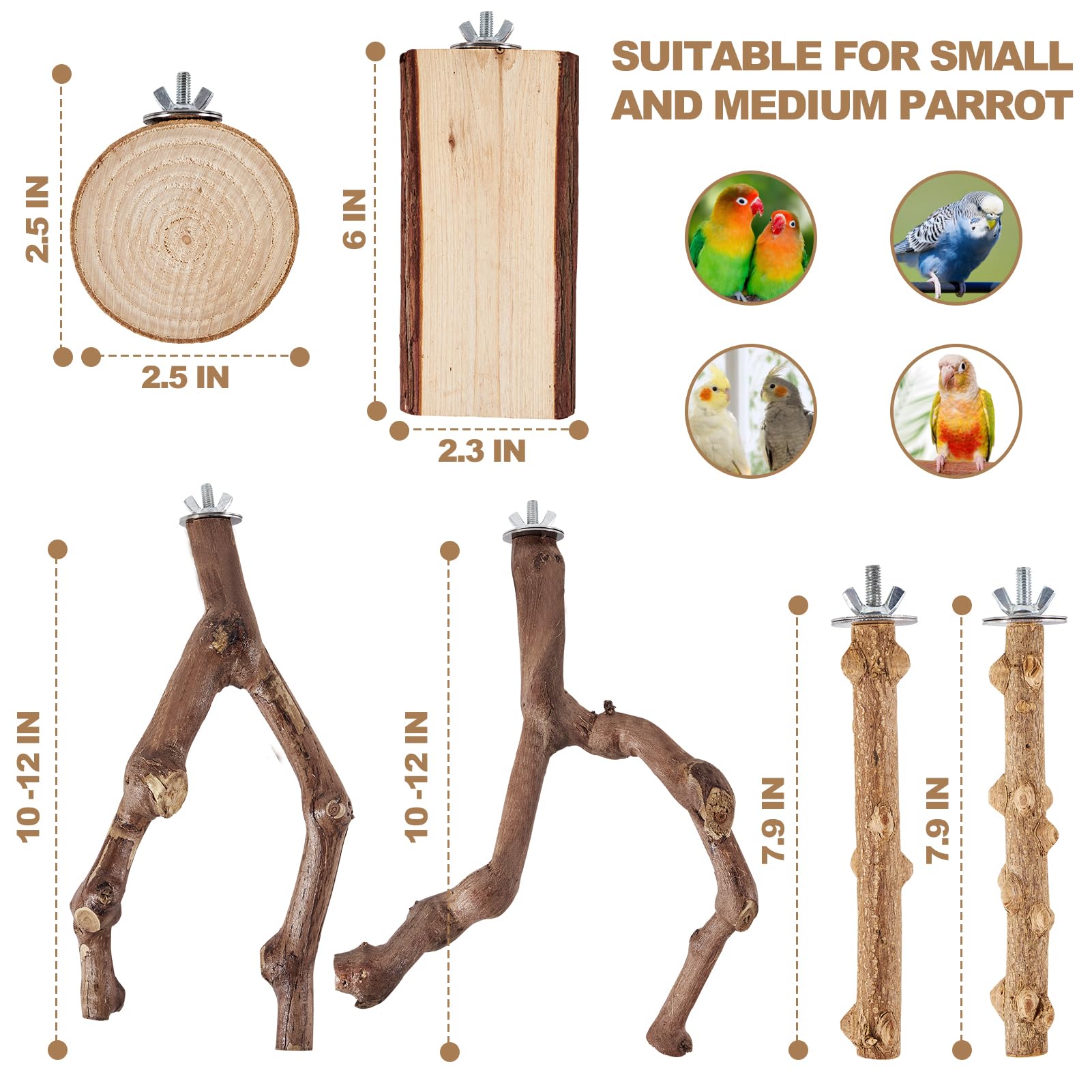 LIMIO 6PCS Bird Perch 2 Grape Stick Paw Grinding Fork Natural Wood Bird Stand 4 Parrot Stand Bird Toys for Parakeets Chewing Exercise Branches, Bird Cage Accessories for Cockatiels, Conure, Budgies