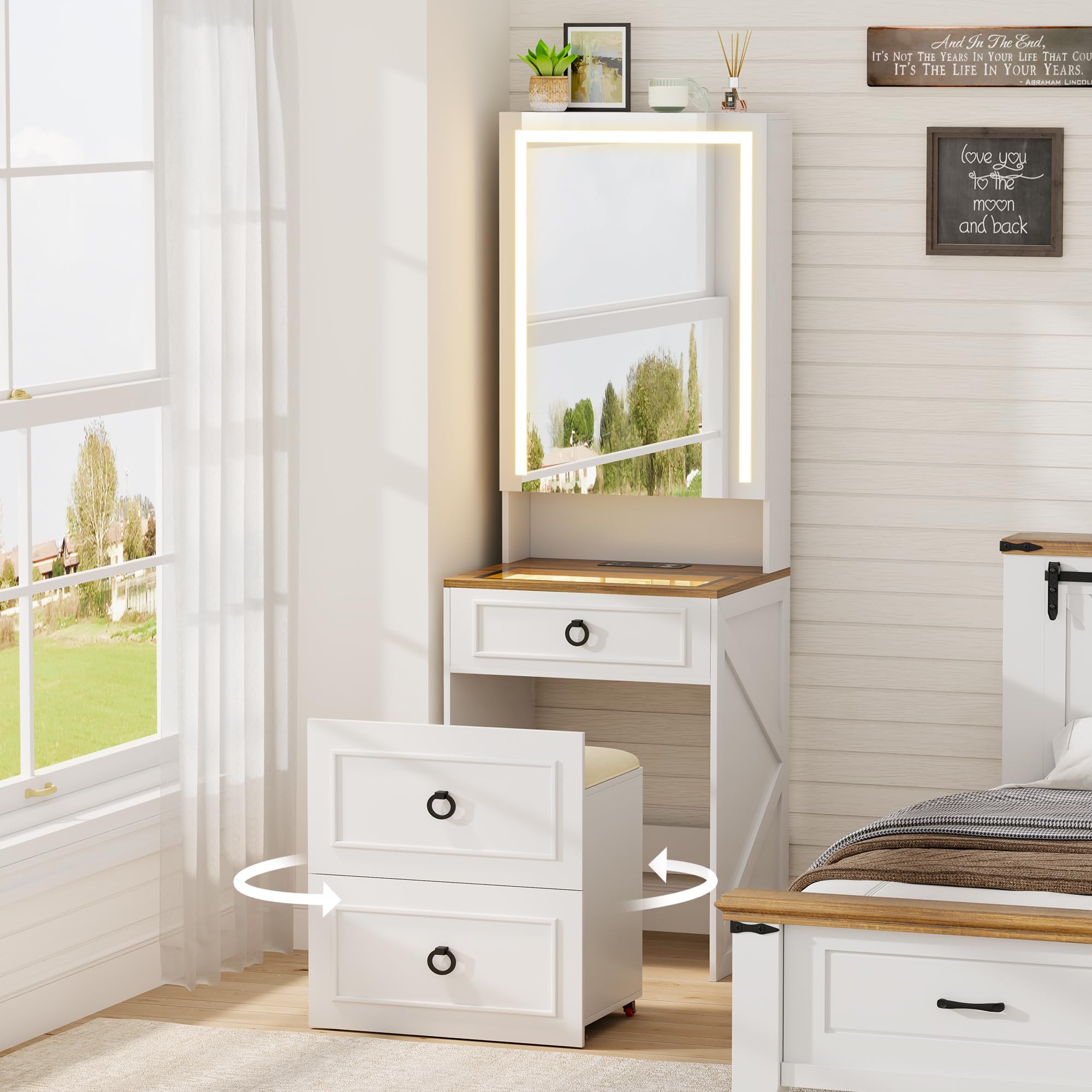 Lvifur Small Vanity Desk with Mirror and Lights, Modern Glass Top Dressing Table with Wheels & Charging Station, Compact Makeup Vanity Set with Jewelry Space & Hidden Storage Stool (White)