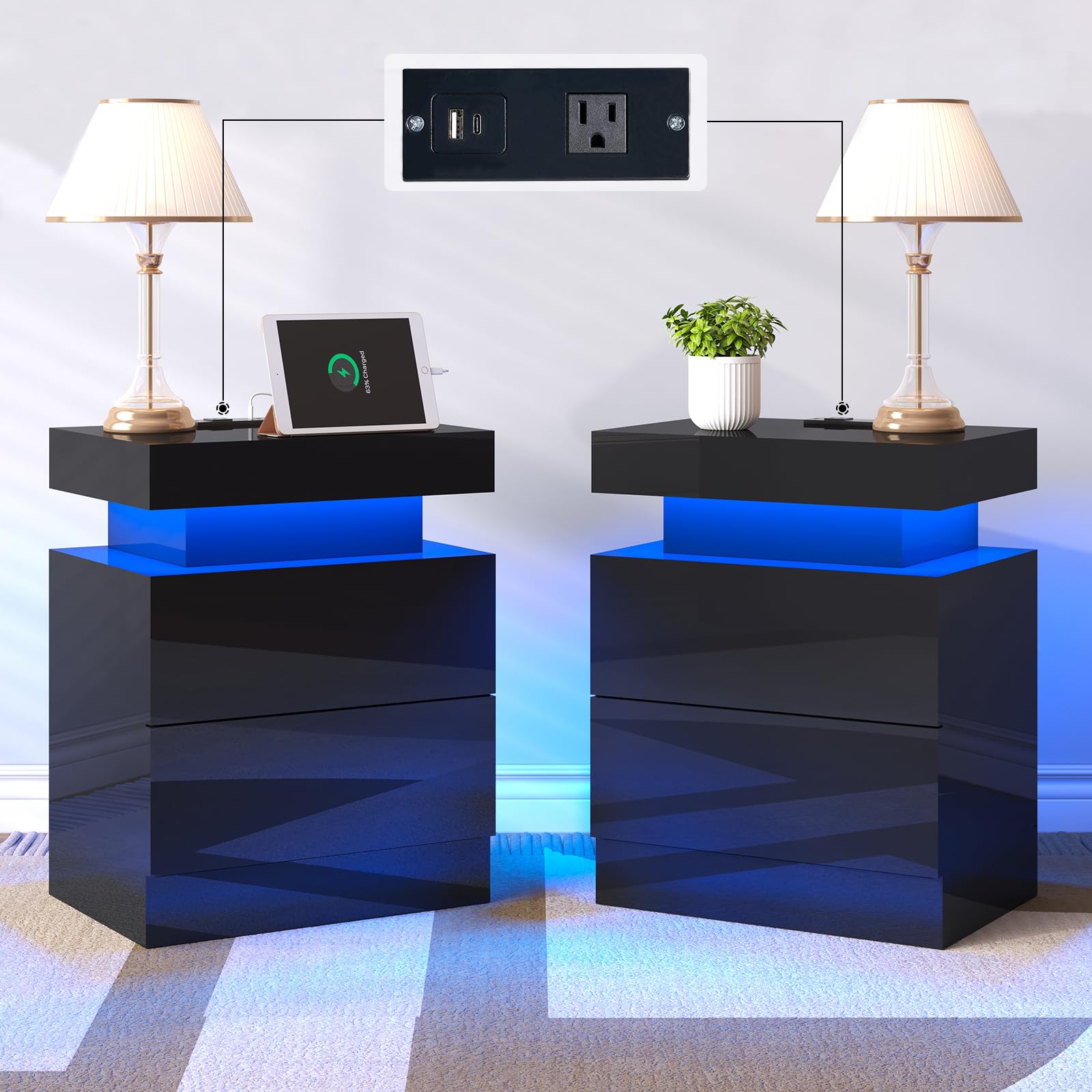 LUXOAK Nightstand Set of 2 with Charging Station and LED Light, Modern Side Table with 2 Drawers and Open Storage Shelf, End Table for Bedroom, Black