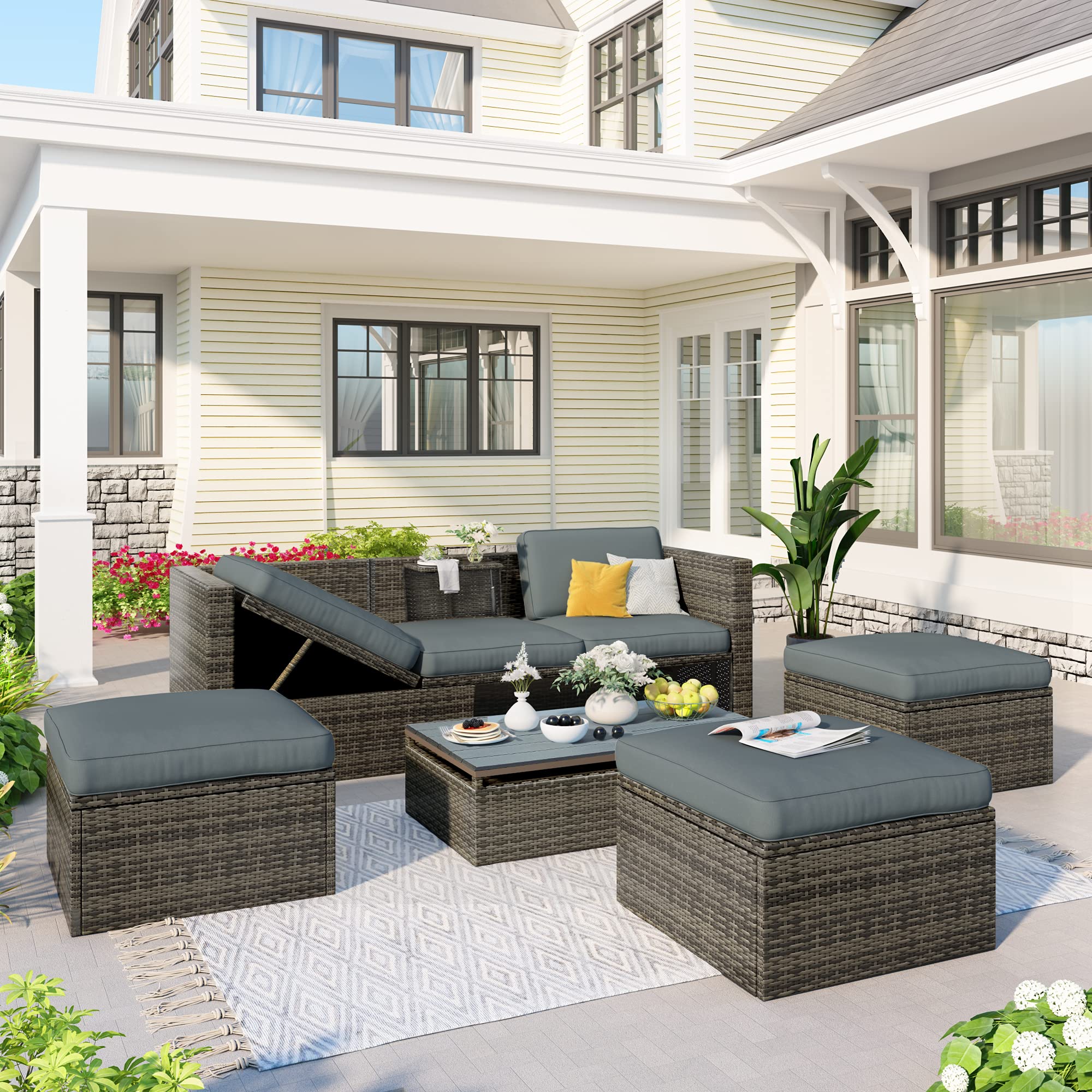 LZ LEISURE ZONE Patio Furniture Sets, 5-Piece Patio Conversation Sets, Outdoor PE Rattan Wicker Sectional Sofa Set with Adjustable Backrest, Ottomans and Lift Top Coffee Table, Grey+Grey