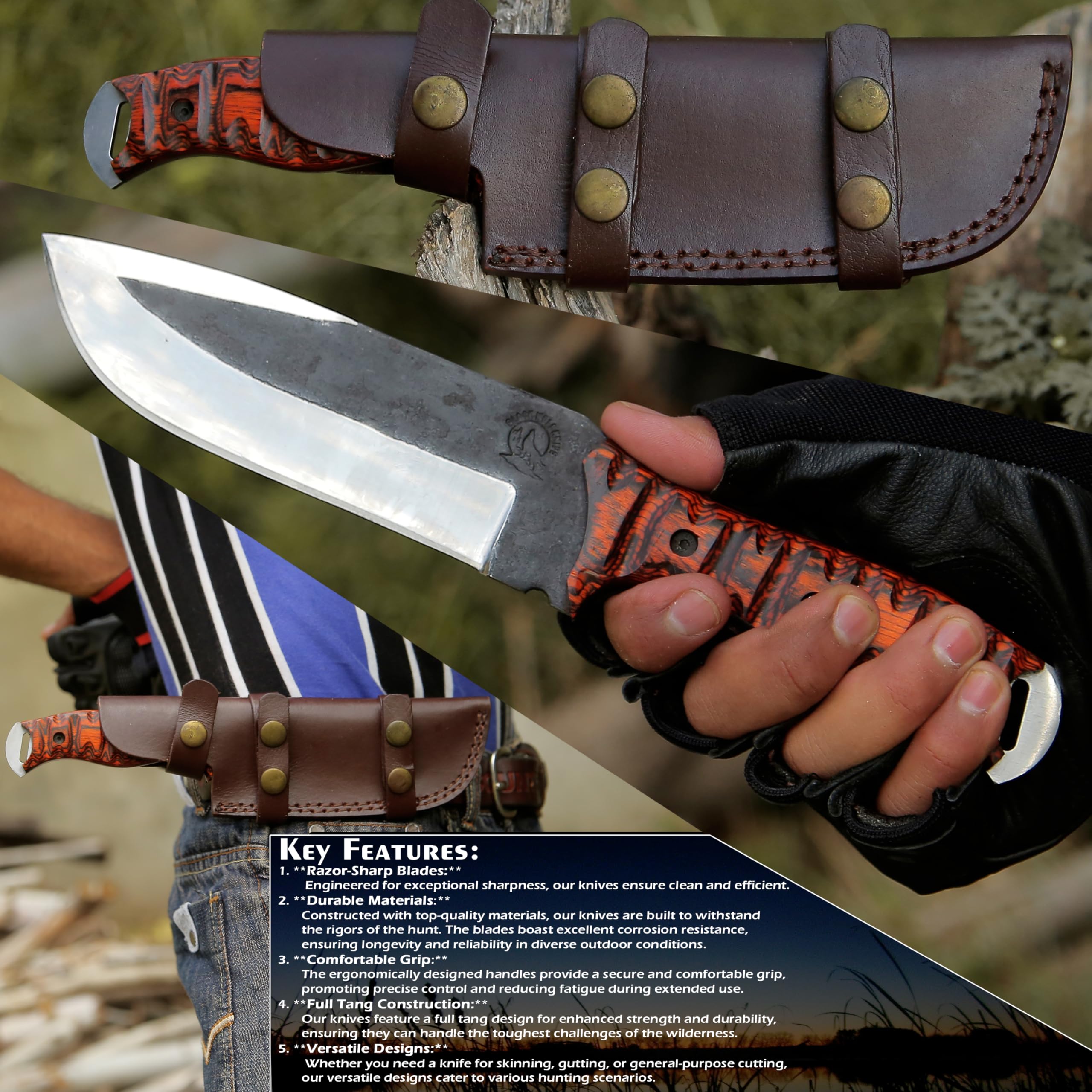D2 Steel Hunting Knife Fixed blade knife Densified Wood handle, Black Edge,Bush craft, Camping, with Cowhide Leather Sheath – BW-4150