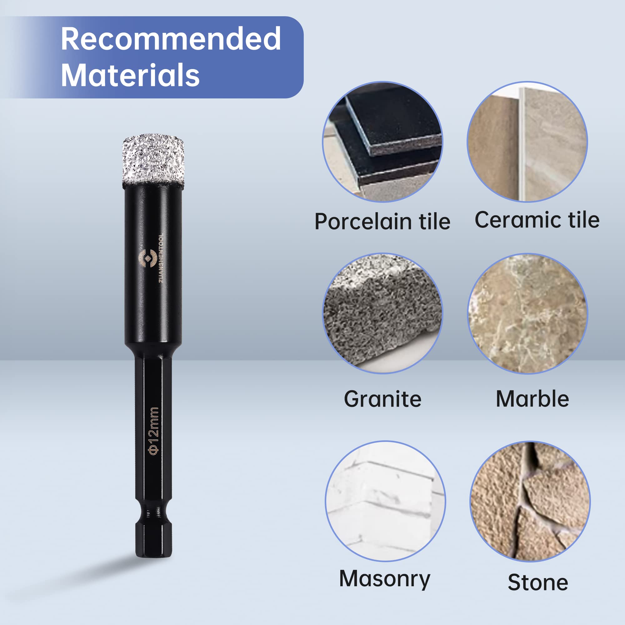 Diamond Drill Bits Set, 5 Piece Dry Diamond Hole Saw with Quick Change Hex Shank for Granite Ceramic Marble Tile Stone Glass Hard Materials (not for Wood) 1/4, 5/16, 3/8, 1/2 inch