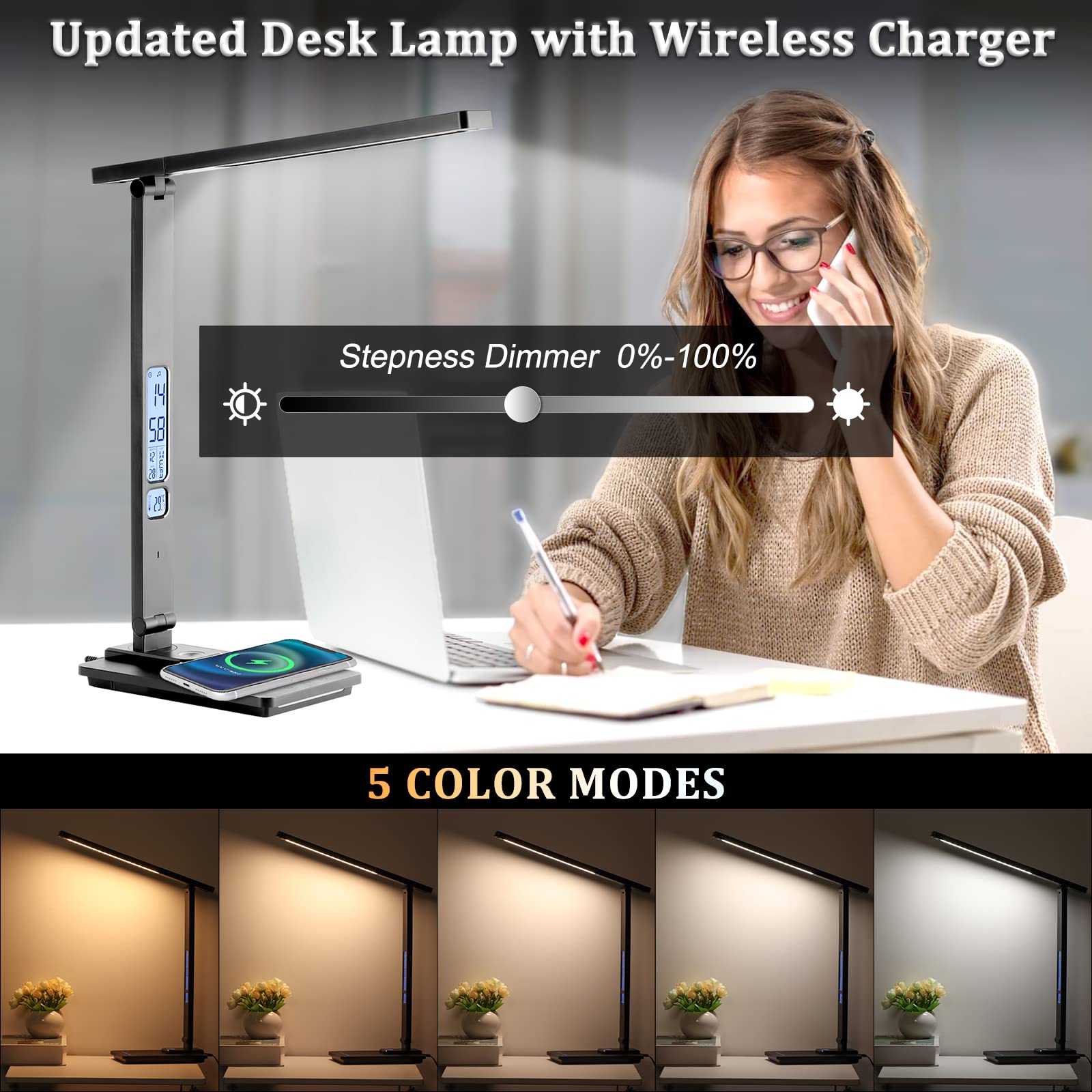 Dott Arts LED Desk Lamp with Wireless Charger, Touch Control Study Lamp with USB Charging Port, Table Lamp with Clock, Alarm, Date, Temperature, Office Lamp, Desk Lamps for Home Office,Black