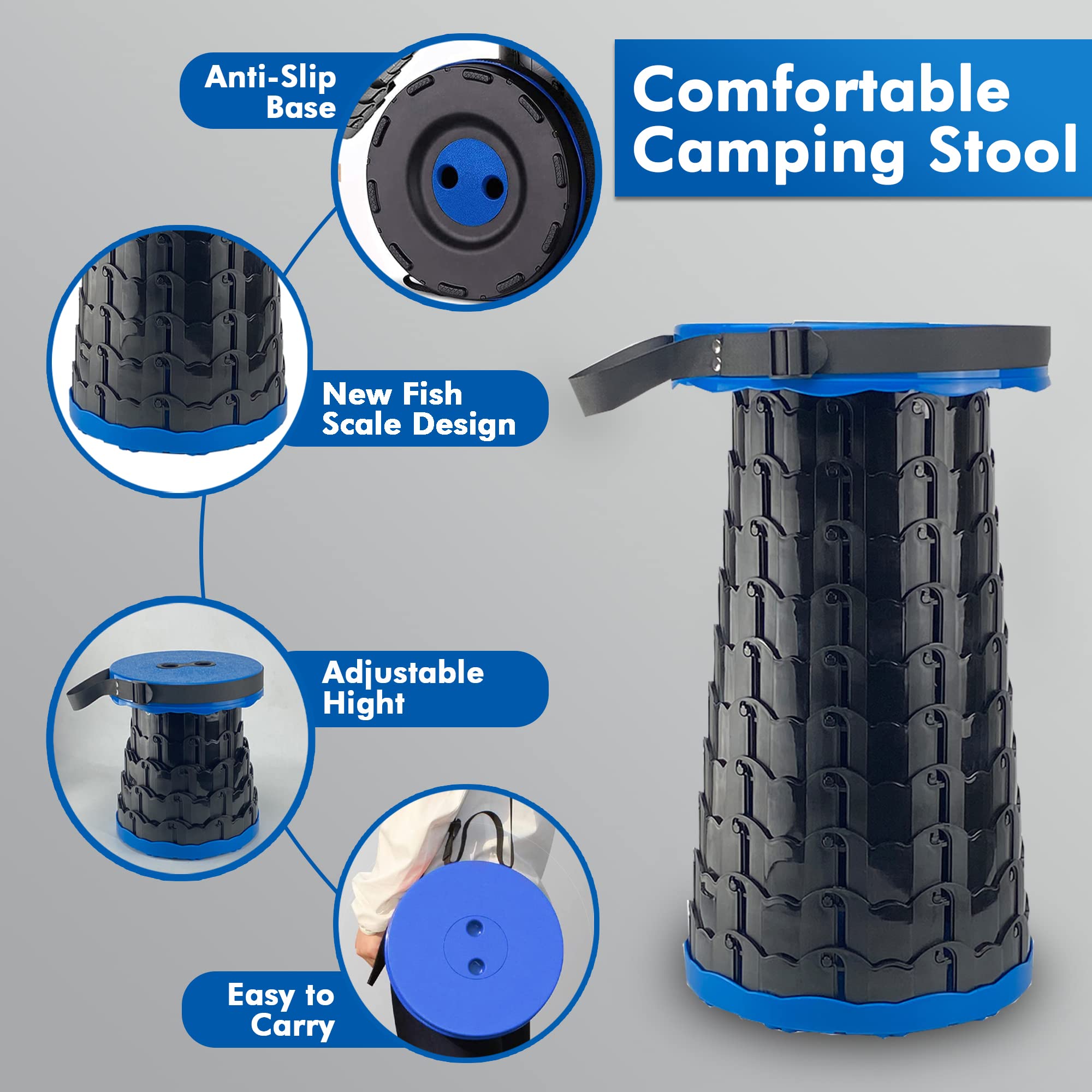 Daanphe Blue Upgraded Portable Folding Stool for Adults, Lightweight and Strudy Collapsible Stool, Retractable Telescoping seat with Adjustable Strap and Used for Camping, Fishing, Hunting, and BBQ.