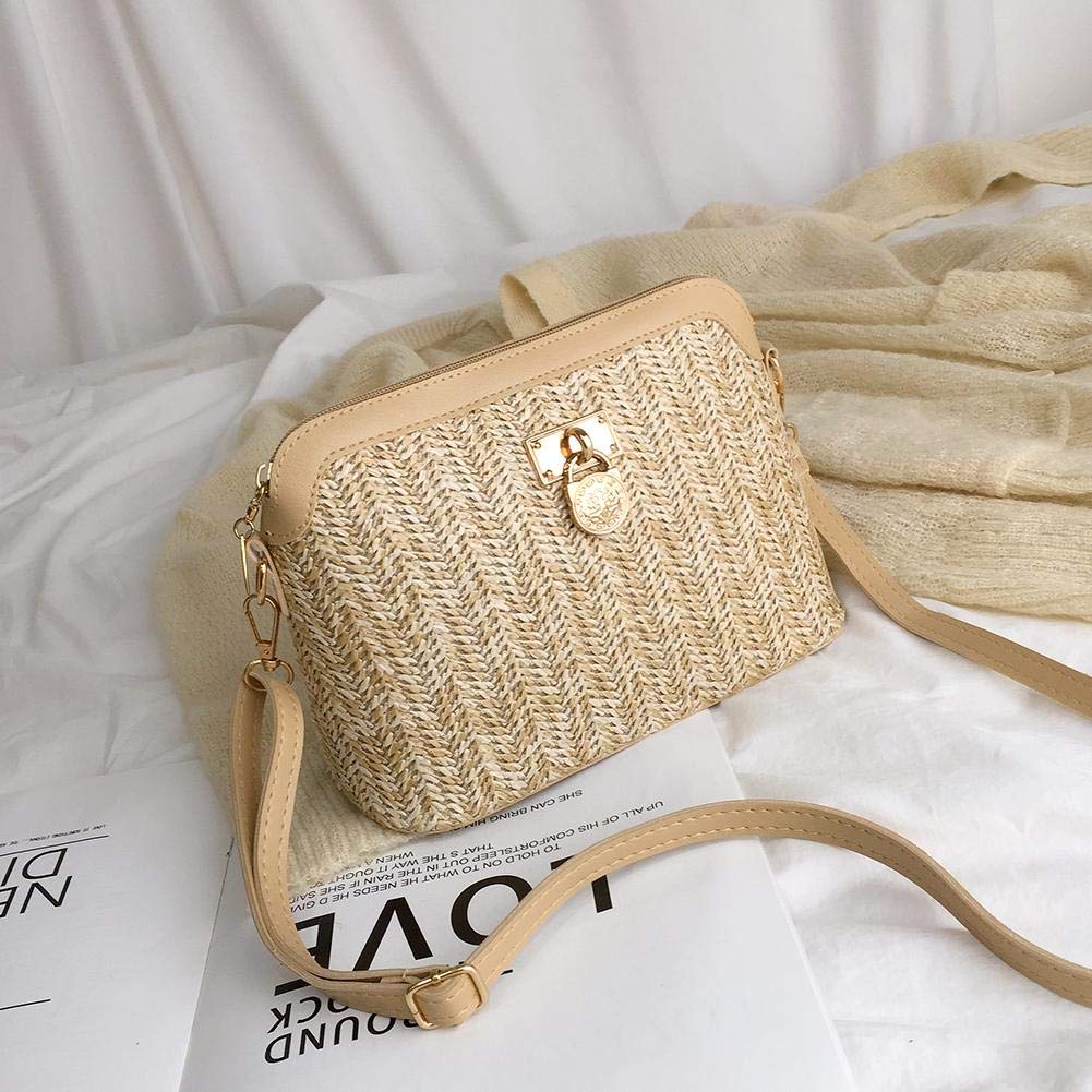Fashion Straw Crossbody Bag Woven Boho Beach Holiday Women Shell Shoulder Bags, Light Brown, 21 x 18 x 5cm