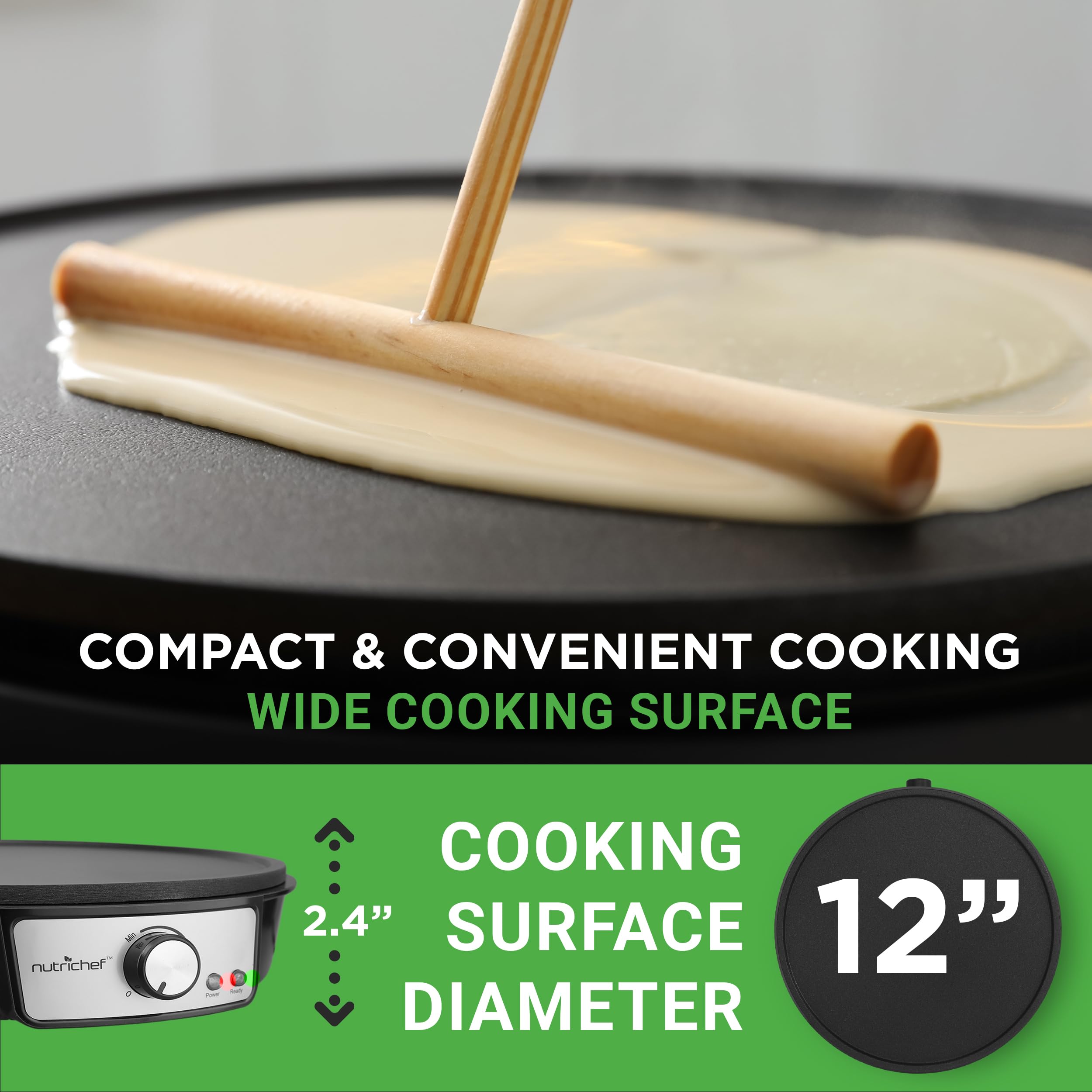 Electric Crepe Maker Pan & Griddle - 12 Inch Nonstick Cooktop - LED Indicators & Adjustable Temperature Control - Includes Spatula, Batter Spreader - Cooks Crepes, Roti & Pancakes