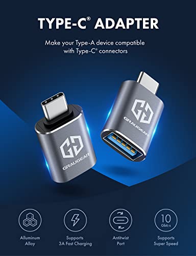 GRAUGEAR USB C to USB Adapter Pack of 2, 10Gbps Data Transfer, USB C Male to USB A Female Adapter 10Gbps, Compatible with PC, Laptop, MacBook, iPhone, iPad, Apple Watch, USB Charger, Type C Devices