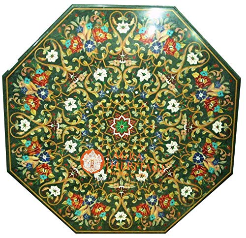 Green Marble Dining Center Table Top Pietra Dura Inlay Furniture Decor | 36"x36" Inches