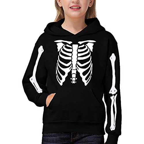 Remimi Kids Halloween Skeleton Pullover Hoodie Pocket Long Sleeve Black Graphic Printed Sweatshirt 13-14 Years