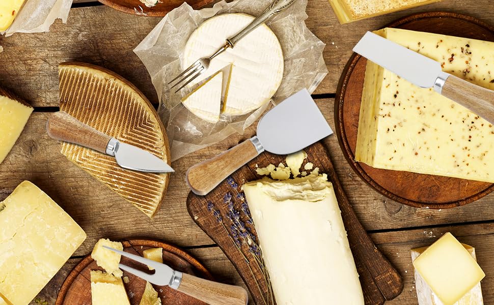 Linwnil Cheese Knives Set with Gift for Charcuterie Board Accessories Stainless Steel Knife with Wood Handle Cheese Slicer Cutter (Wood-4set)