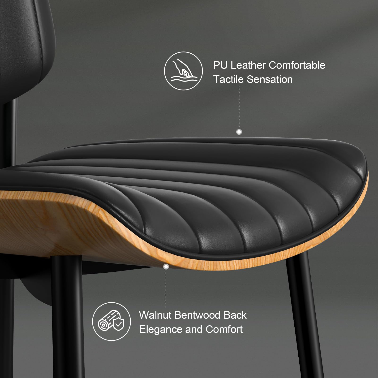 Madaha Dining Chairs Set of 4, Mid Century Modern Chairs with Stitching and Metal Legs, Leather Dining Room Chairs Bentwood Upholstered Kitchen & Dining Room Chairs, Black