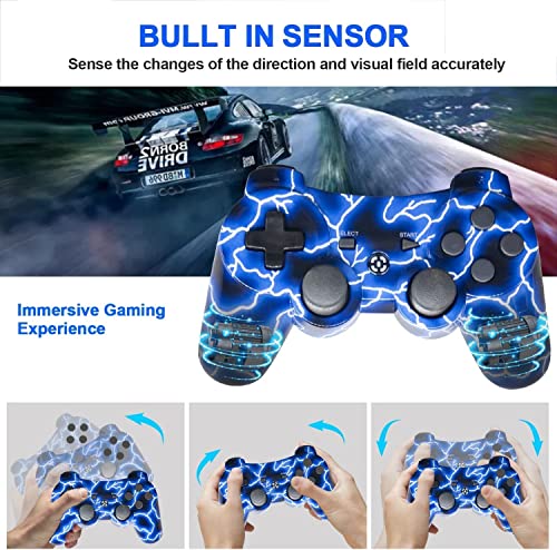 OUBANG 2 Pack Remotes Work with PS3 Controller Wireless, Cool Blue Gamepad Compatible with Playstation 3 Controller, Wireless Game Control for PS3 with Upgraded Joystick, Pa3 Controllers for PS3 Gift