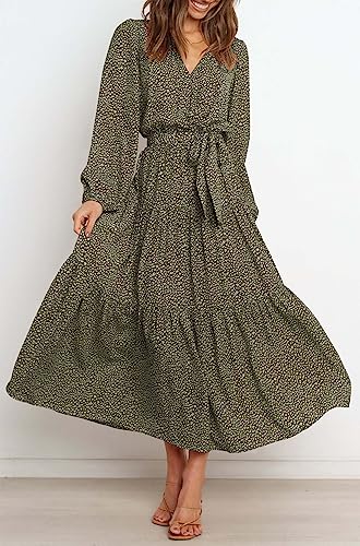 PRETTYGARDEN Women's Long Sleeve V Neck Leopard Print Ruffle Maxi Dress Tie Waist Boho Chiffon Flowy Long Dress (Green, Small)