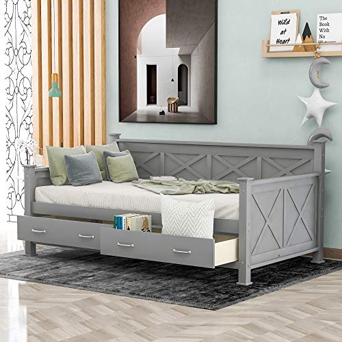 Oudiec Twin Daybed with Storage Drawers,Solid Pinewood Bedframe with Guardrail for Boys/Girls/Teens/Kids Bedroom,No Box Spring Needed,Gray