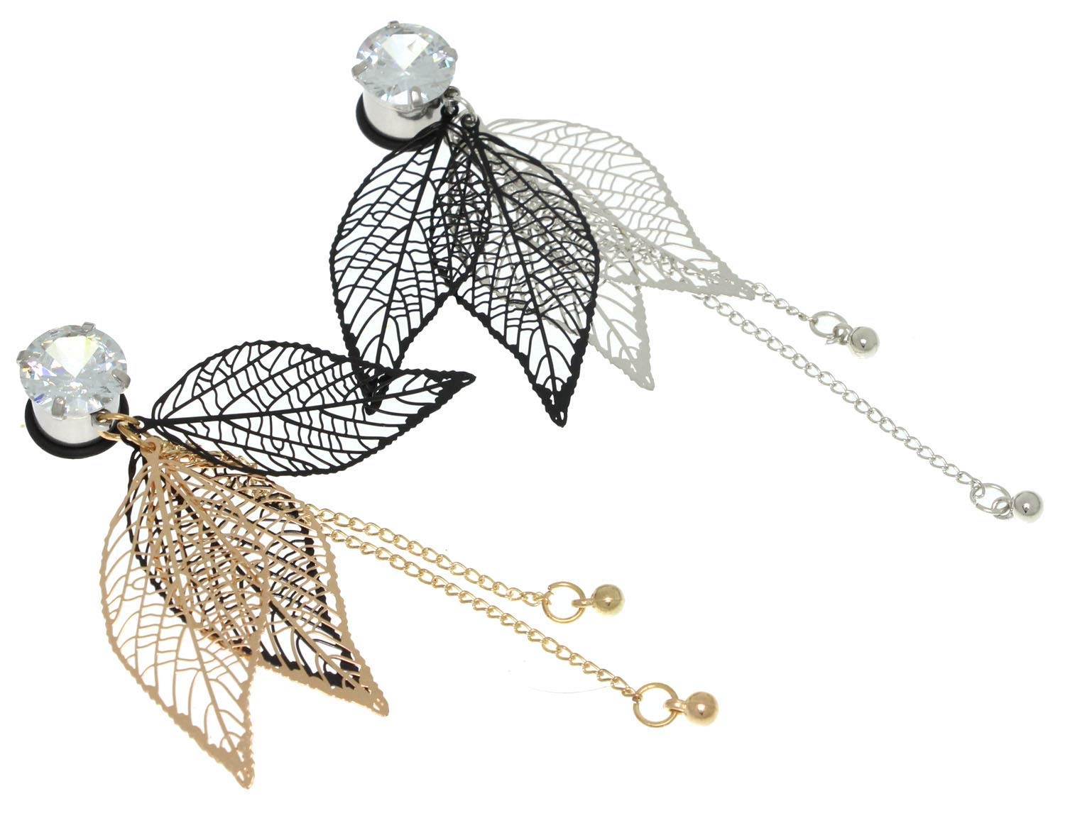 Cubic Zirconia Stainless Steel Dangle Silver Black Leaves Ear Tunnels Gauge Piercing Plugs Stretcher with O-ring 4g 5mm
