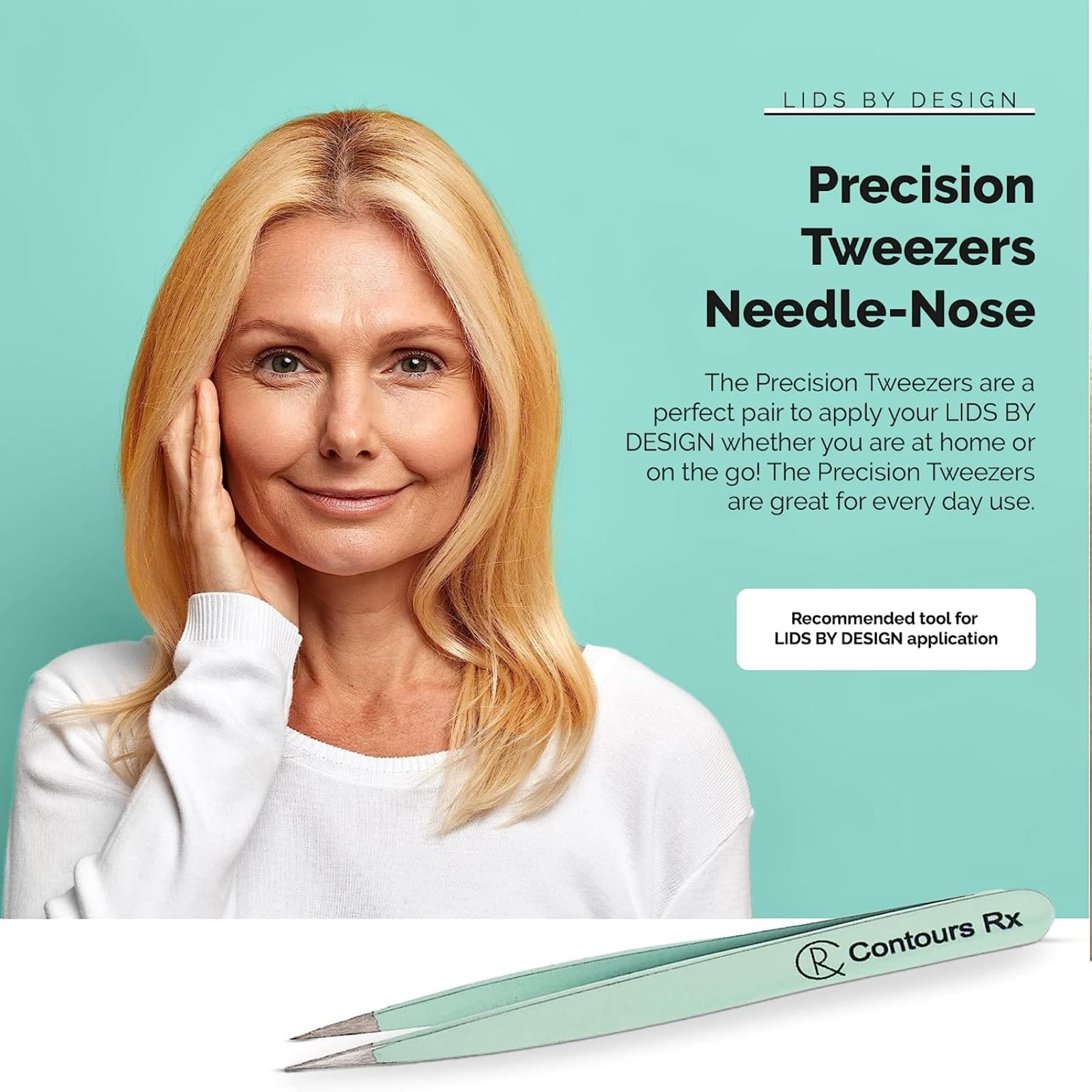 Contours Rx Precision Tweezers - Stainless Steel Needle Nose Tweezers for Eyebrows, Facial Hair & Lash Extensions - Precise Placement of Lids by Design Correcting Strips (3 inch)