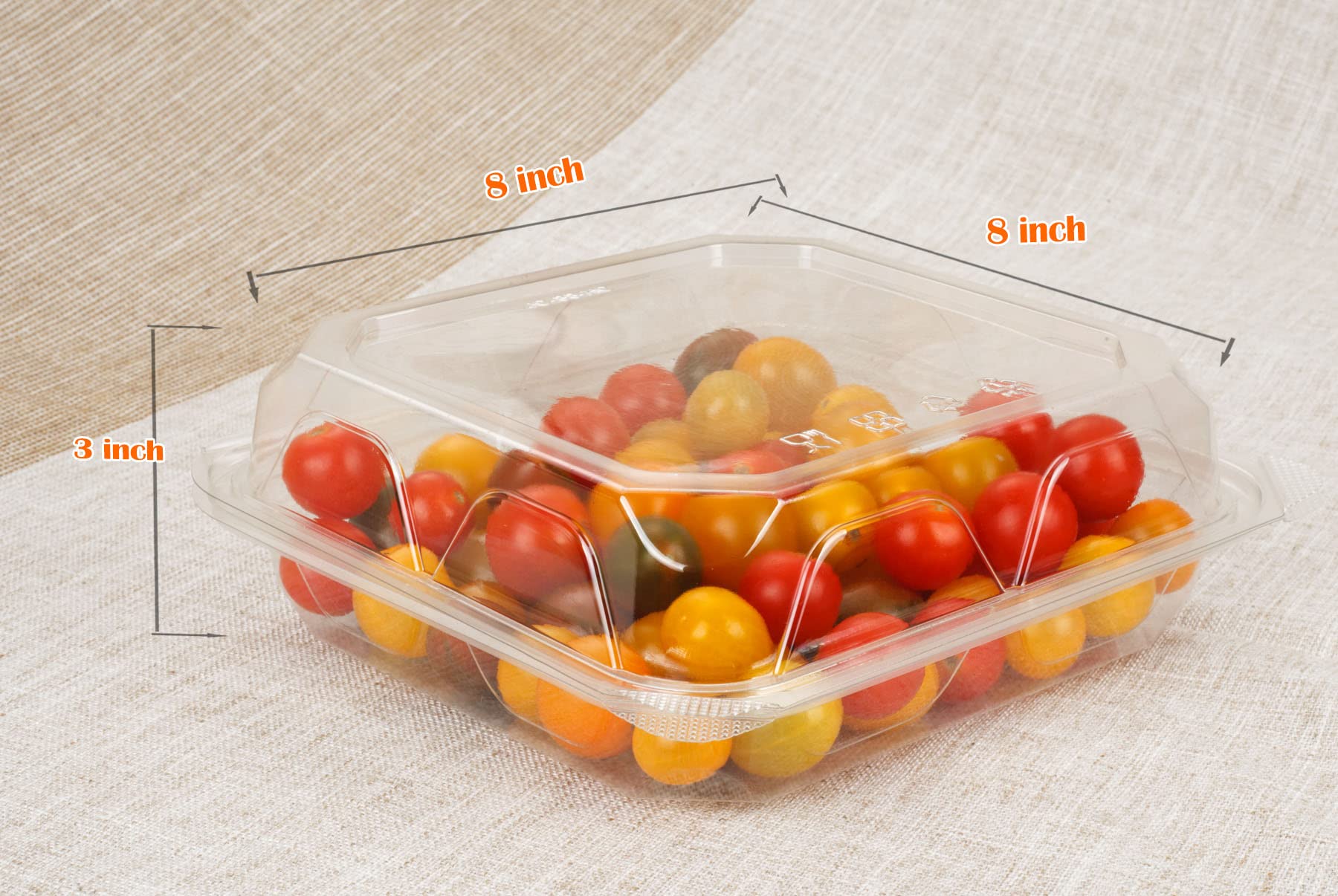 Golden Apple, Clear Plastic Square Hinged Food Container, 8" Length x 8" Width x 3" Depth, 20pieces