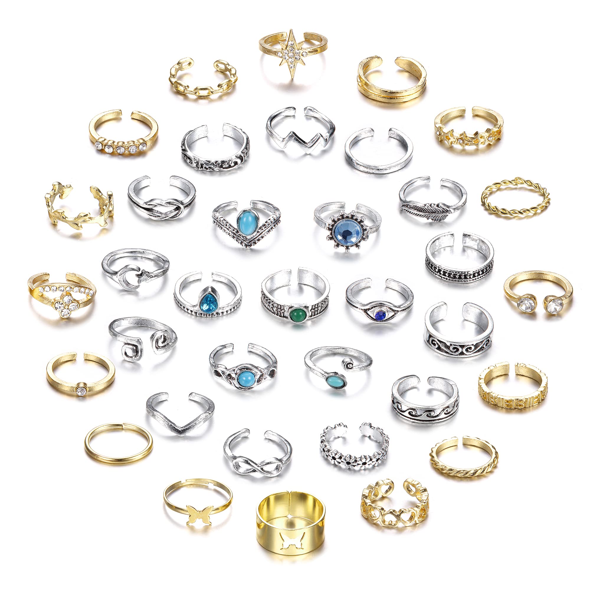 FIBO STEEL 36Pcs Open Toe Rings Set for Women Adjustable Vintage Retro Toe Rings Summer Beach Foot Jewelry Mixing Colors