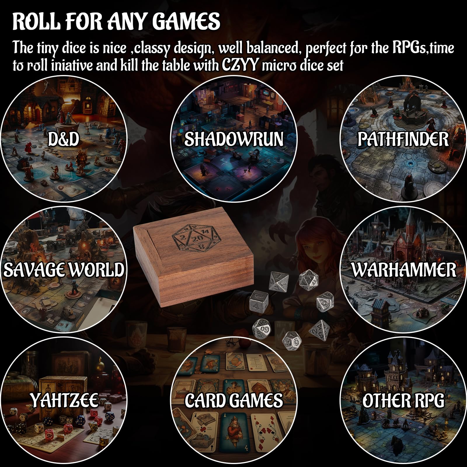 CZYY DND 6mm Micro Polyhedral Mini Dice Set + Black Walnut Wood Box Engraved with D20 & Tree of Life Perfect for Dungeons and Dragons, Tabletop RPG Cards Board Games, Silver
