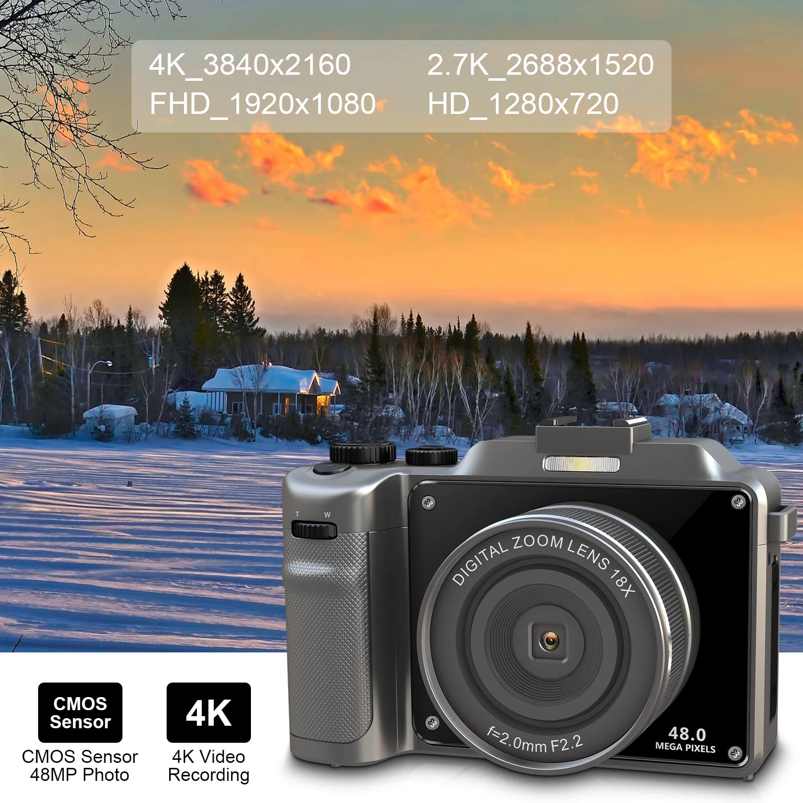 Digital Camera,4K Cameras for Photography,18X Digital Zoom,2 Batteries,32G TF Card,AutoFocus,Anti-Shake,Dual Camera,48MP Vlogging Camera for YouTube,Live Stream,Beginners Gray