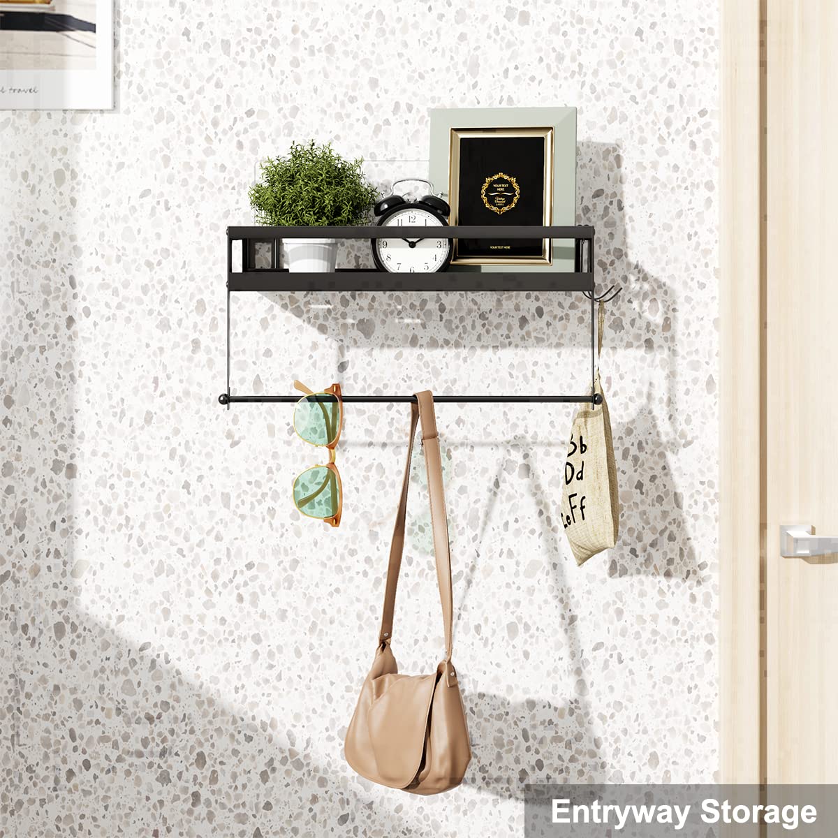 ESOW Paper Towel Holder with Shelf Storage, 2-in-1 Wall Mounted Paper Towel Roll Rack Basket for Kitchen, Balcony & Bathroom, Self-Adhesive or Drilling Installation, SUS304 Matte Black Finish