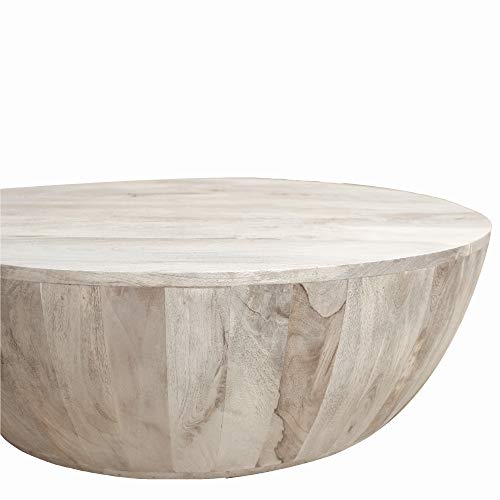 The Urban Port 12-Inch Height Round Mango Wood Coffee Table, Subtle Grains, Distressed White