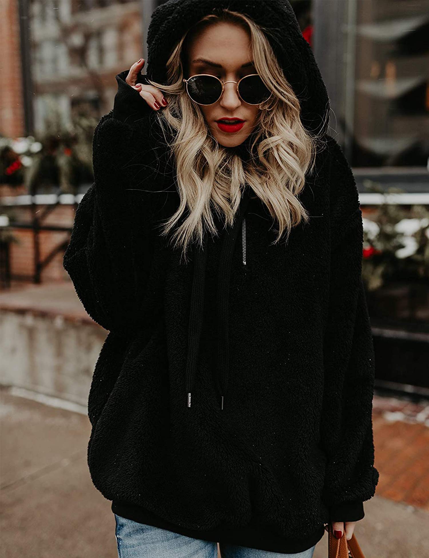 Doreyi Hoodies Womens-Tops- Solid Color Long Sleeve Hooded Drawstring Fleece Warm Sweatshirt Black XL
