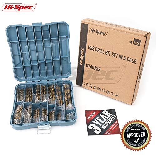 Hi-Spec 99pc SAE HSS Steel Drill Bit Set for Drill Drivers. 1/16 to 3/8" Size Bits for Metal, Plastics, Wood and Drywall. Complete in Storage Holder Case