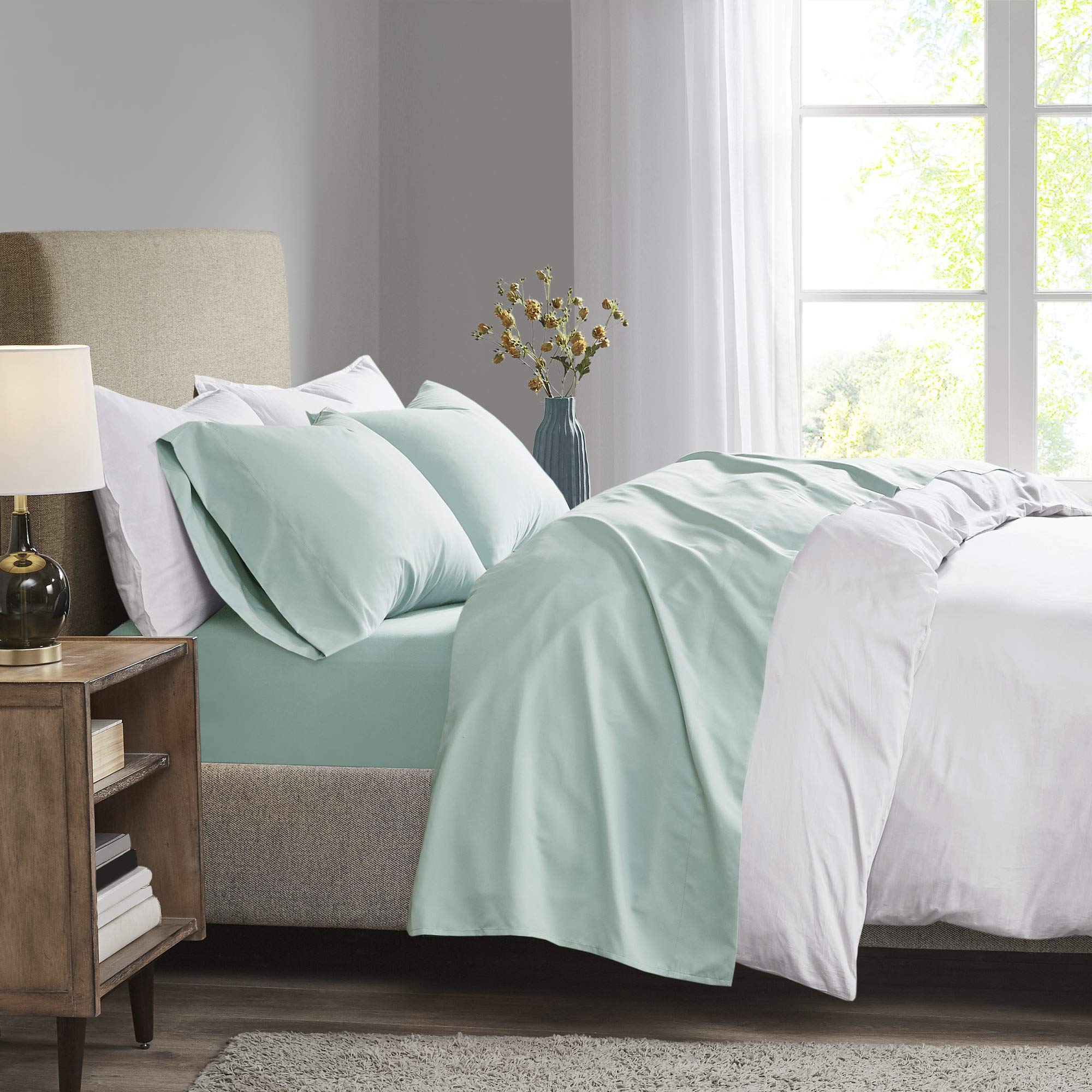 Madison Park 3M Microcell Bed Sheet Set Color Fast, Wrinkle and Stain Resistant, Soft Sheets with 16" Deep Pocket All Season, Cozy Bedding-Set, Matching Pillow Case, Queen, Seafoam, 4 Piece