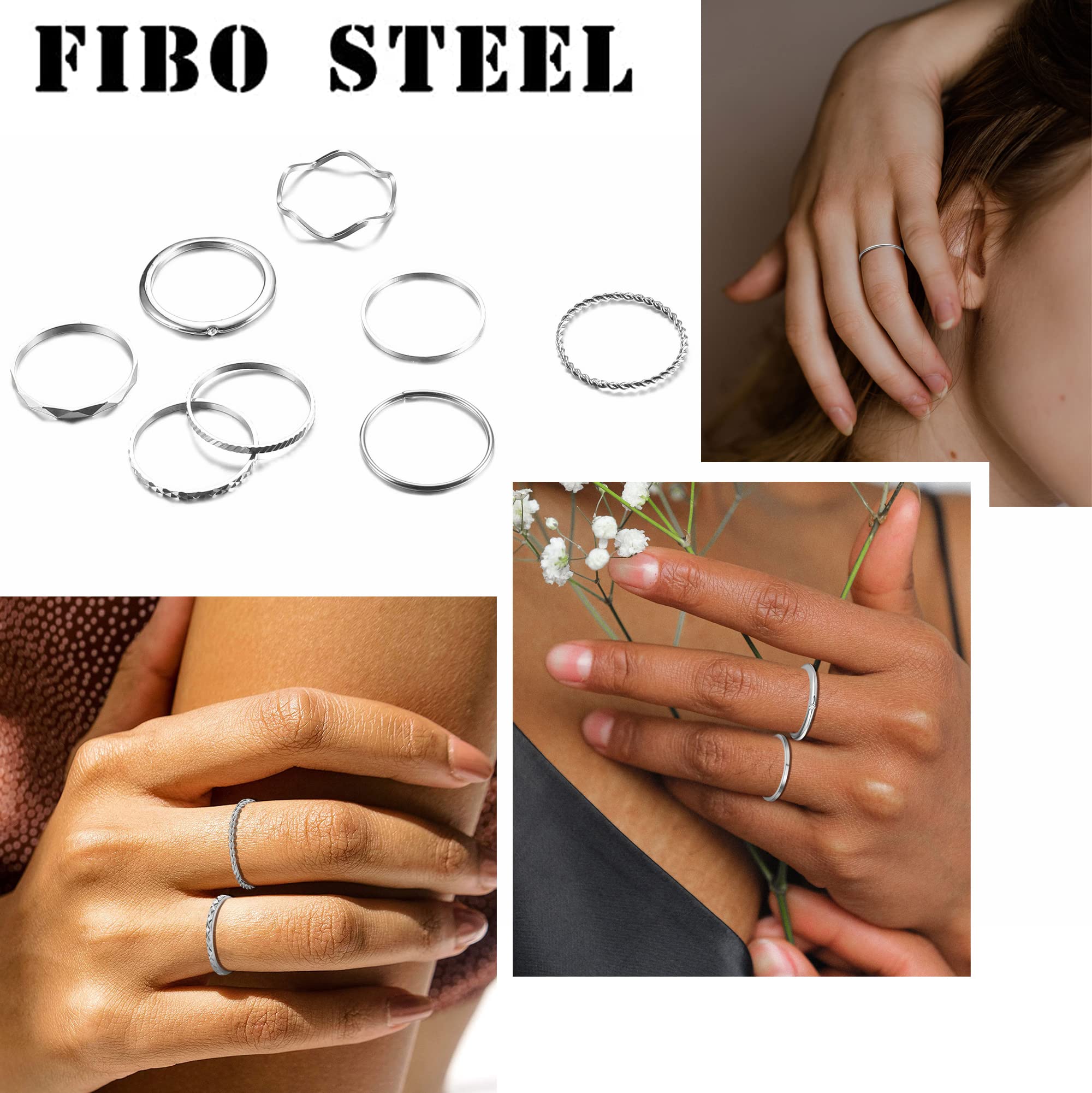 FIBO STEEL 8Pcs 1mm Cute Minimalist Band Rings for Women Simple Stacking Knuckle Ring Set Silver Plated Midi Finger Rings Size 6