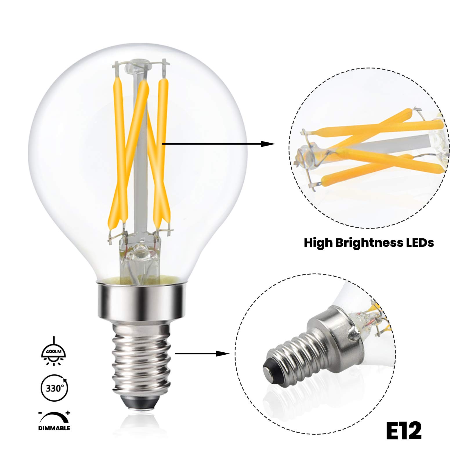 DoRight G16.5 Led Bulb Dimmable G16 1/2 E12 led Bulb 40w Candelabra Led Edison Bulb 2700K 400LM AC120v 4W Led Globe Light Bulbs for Chandelier,Vanity and Ceiling Fan Light Bulbs 6Pack