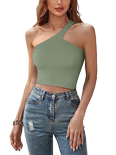 REORIA Summer Sexy Casual One Shoulder Double Lined Seamless Backless Sleeveless Cropped Tank Going Out Trendy Cute Crop Tops Dark Green Medium