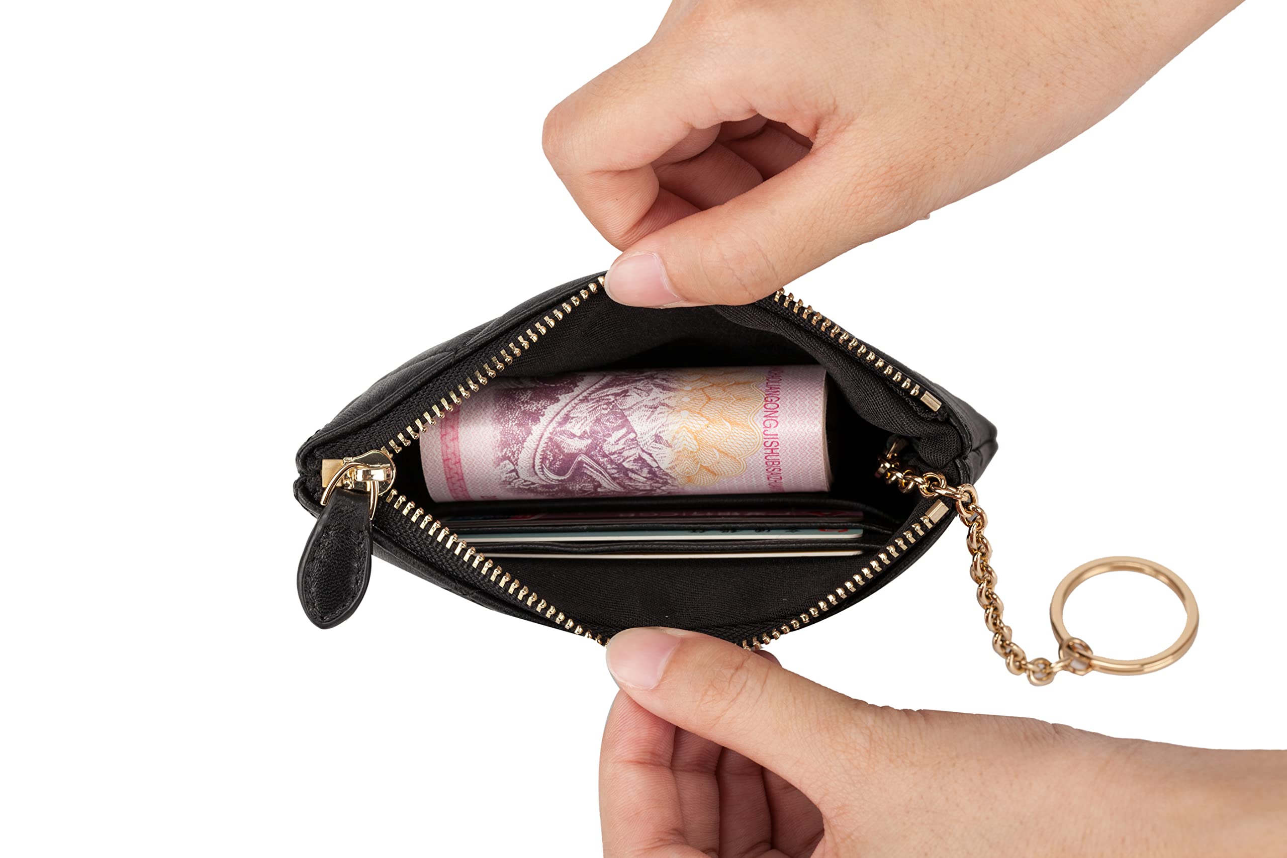 DORIS&JACKY Soft Lambskin Leather Coin Purse Small Quilted RFID Blocking Top Zipper Wallet With Keychain (Black)