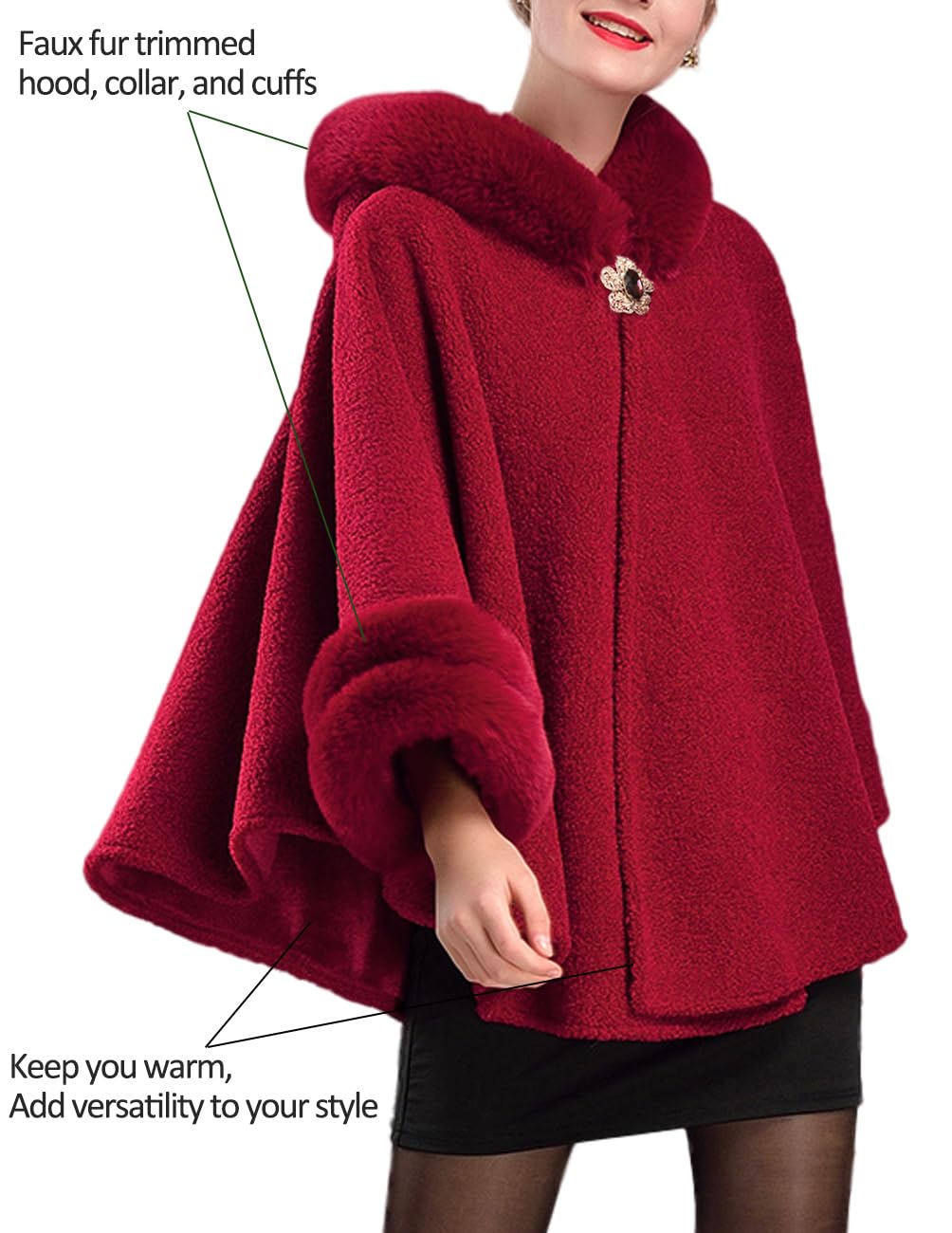 Dahlia Women's Winter Poncho Cape – Luxurious Faux Fur-Trimmed, Shed-Free, Silky Touch, Fleece-Lined Elegant Cloak, Black Large