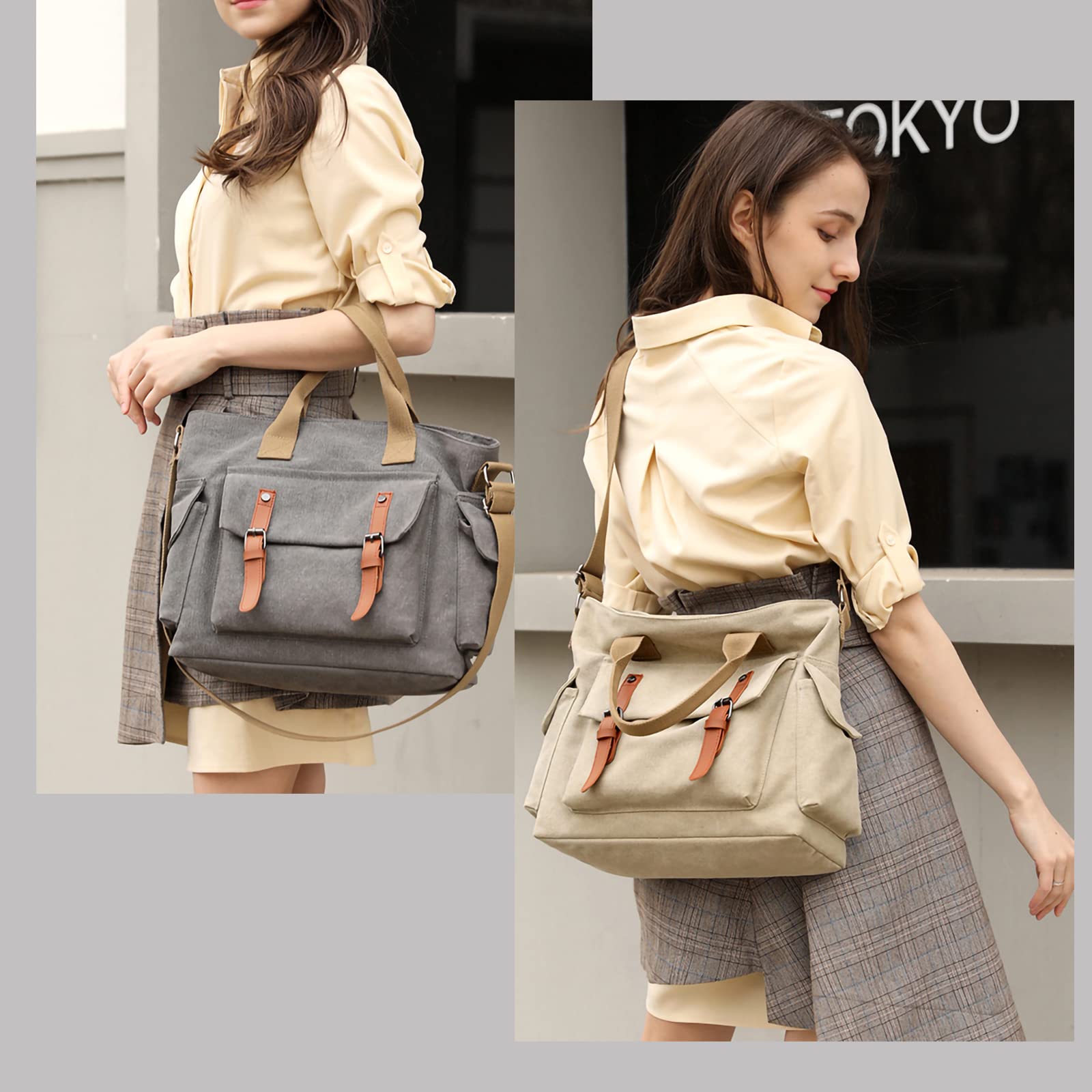 Eamom Canvas Handbags for Women Multi Pocket Crossbody Bags for Women Canvas Shoulder Bag (Khaki)