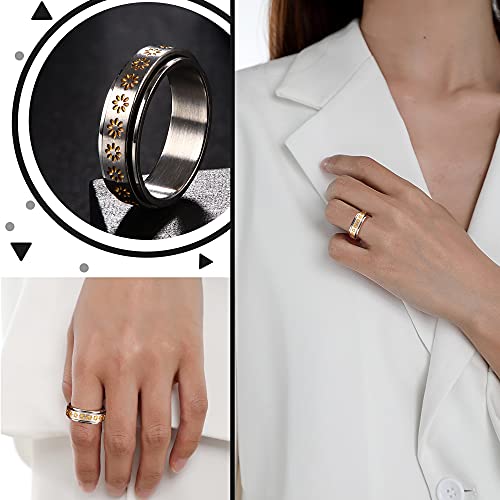FIBO STEEL Stainless Steel Spinner Ring Fidget Band Rings for Women Men Flower Ring Set for Stress Relieving Wedding Promise Size 10