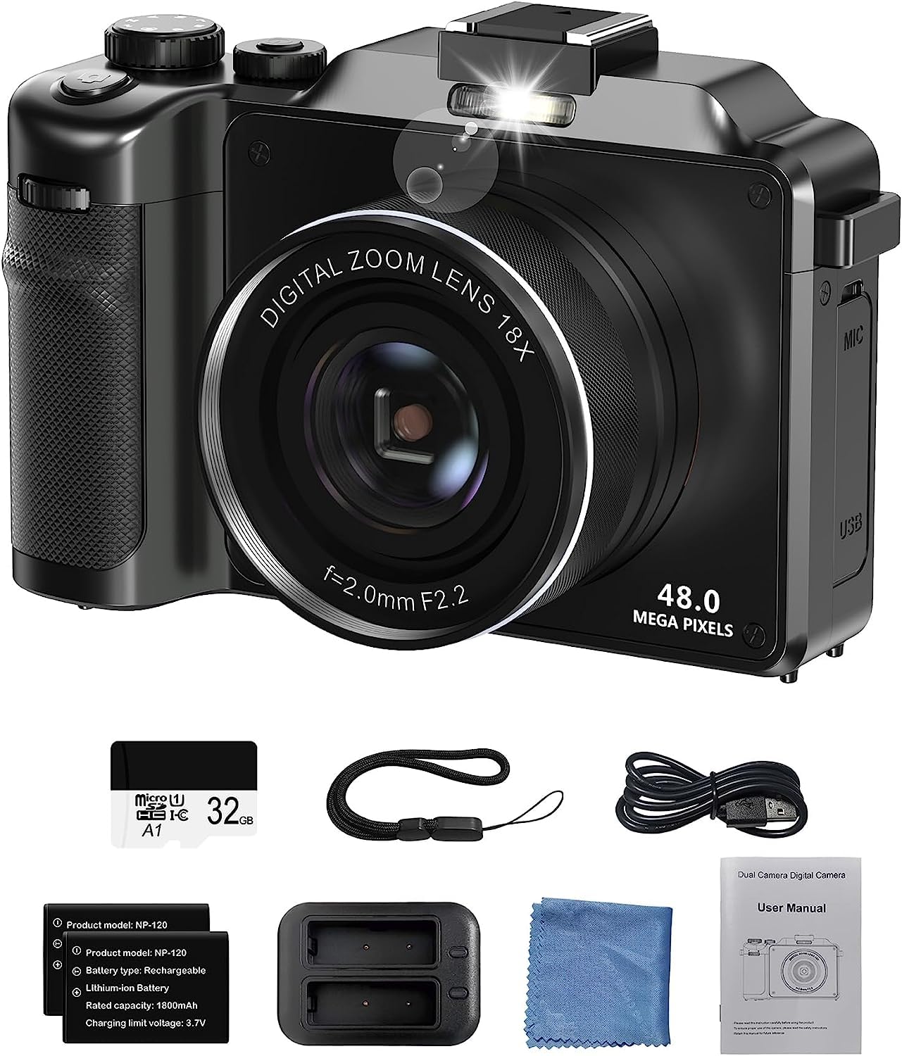 Digital Camera,Cameras for Photography,48MP&4K&18X Zoom,AutoFocus,Anti-Shake,32GB Micro SD+2 Batteries,Travel Portable Camera Beginner Vlogging Camera Black,Gray